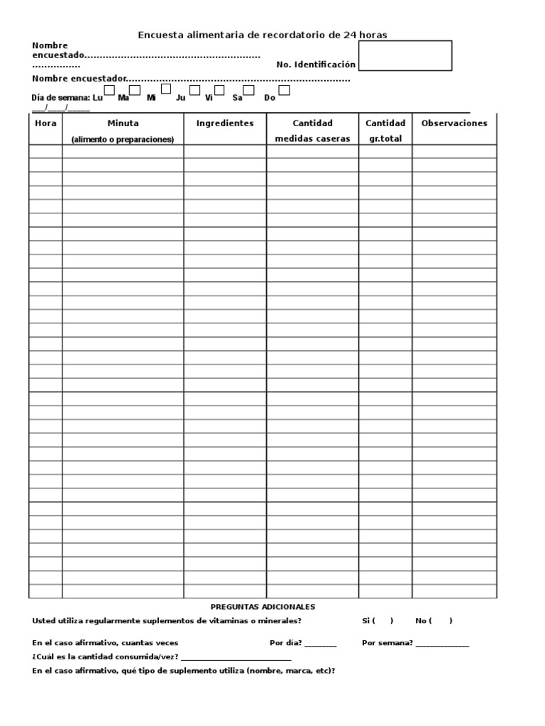 Encuesta de Recordatorio Alimentario 24h | PDF