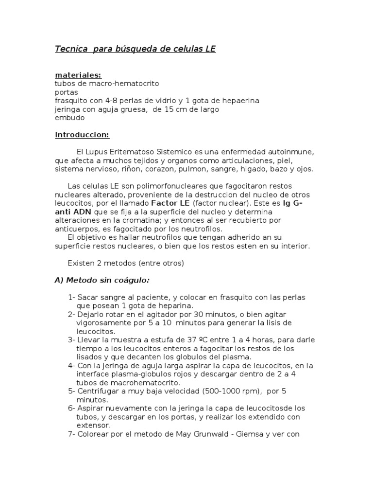 Técnica para Detección de Células LE | PDF | Leucocito | Lupus ...