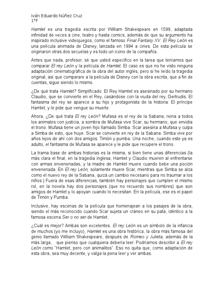 Ensayo Hamlet y El Rey Leon | PDF | Ocio