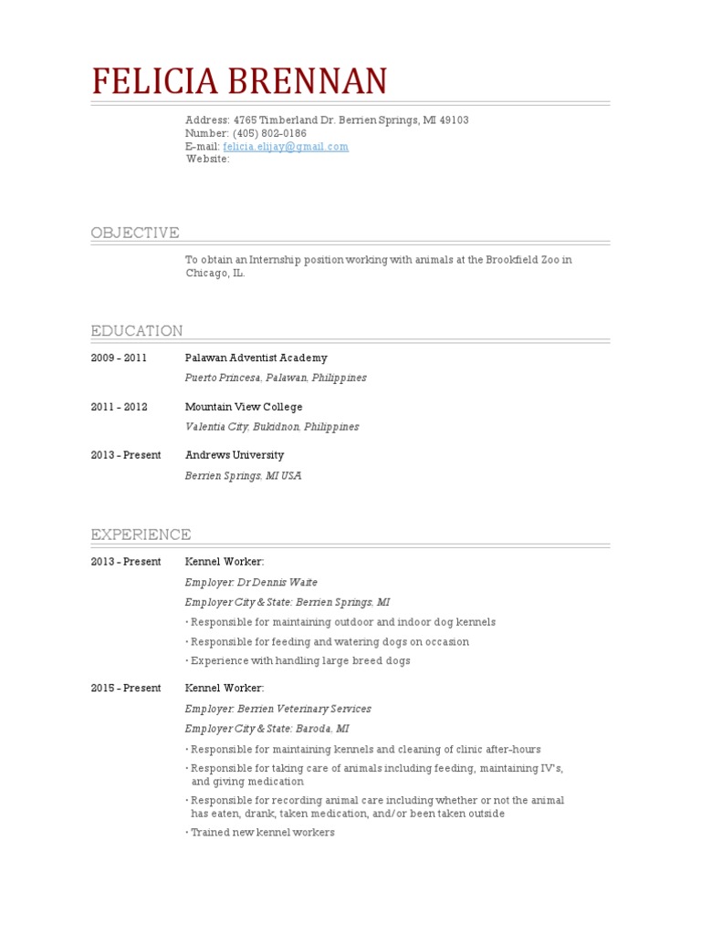 Animal Care Internship Application | PDF