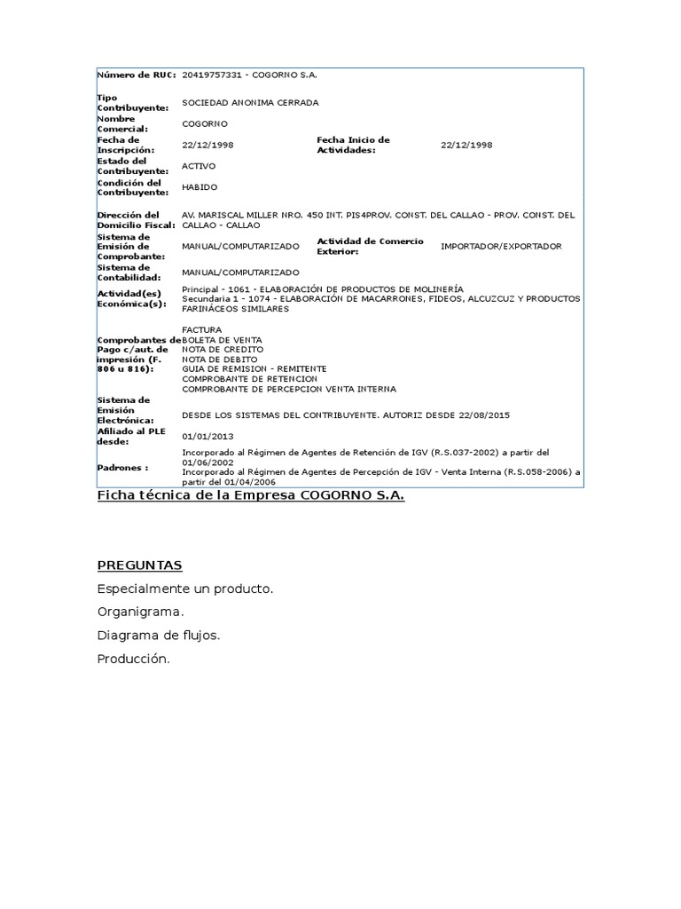 Ficha Técnica de COGORNO S.A. | PDF