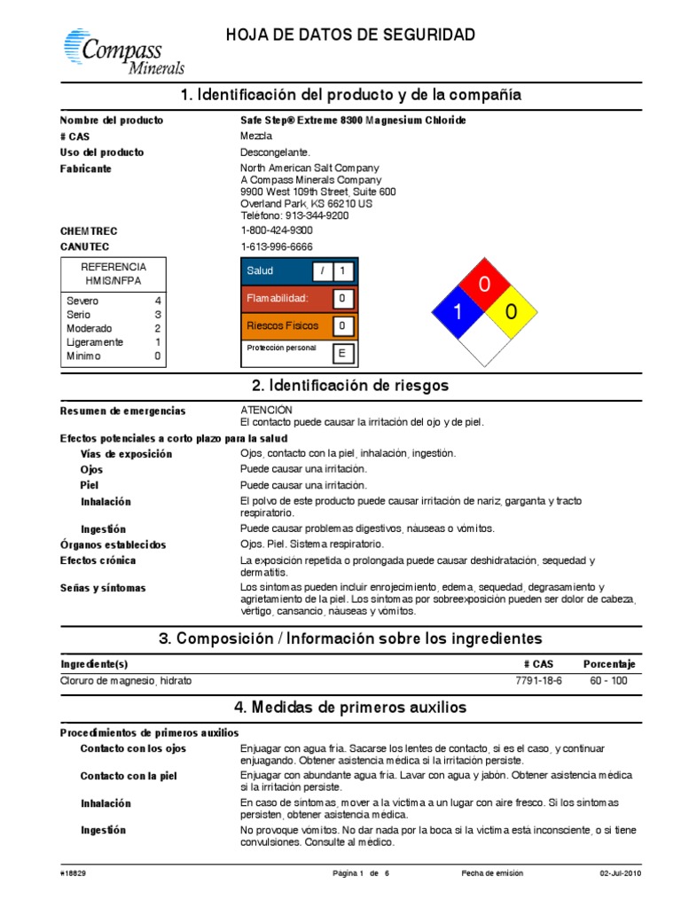 Safe Step Extreme 8300 Magnesium Chloride Spanish Msds Aug10 | PDF ...
