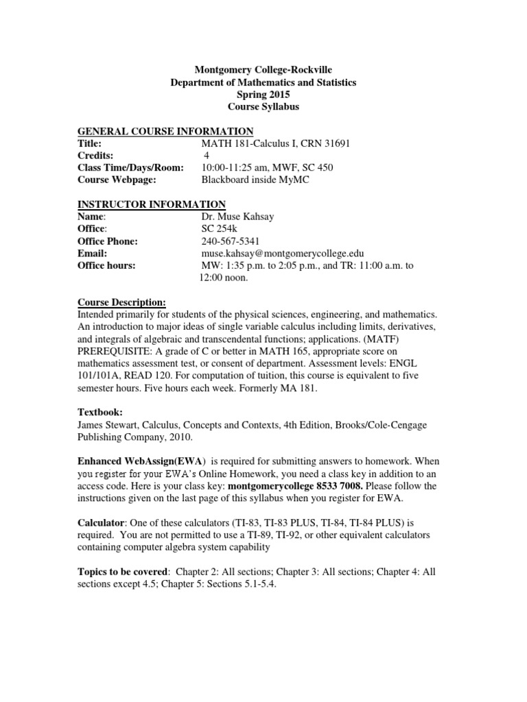 Calculus 1 Syllabus | PDF | Derivative | Integral