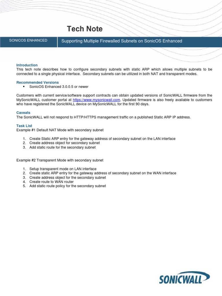 Supporting Multiple Firewalled Subnets On Sonicos Enhanced | PDF | Ip Address | Router (Computing)