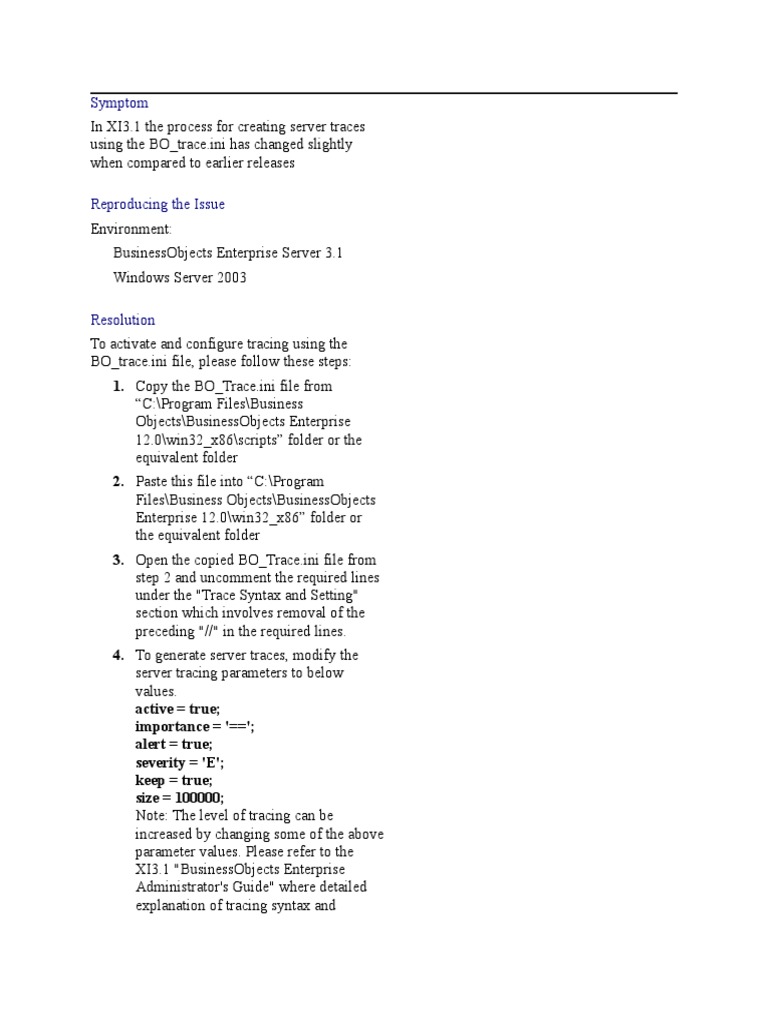 Server Tracing Using The BO - Trace - Ini File in XI3.1 | PDF | C ...