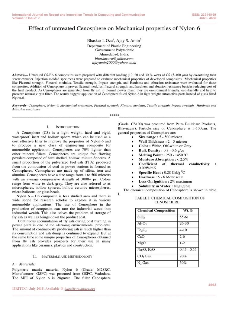 Effect of Untreated Cenosphere On Mechanical Properties of Nylon-6 ...