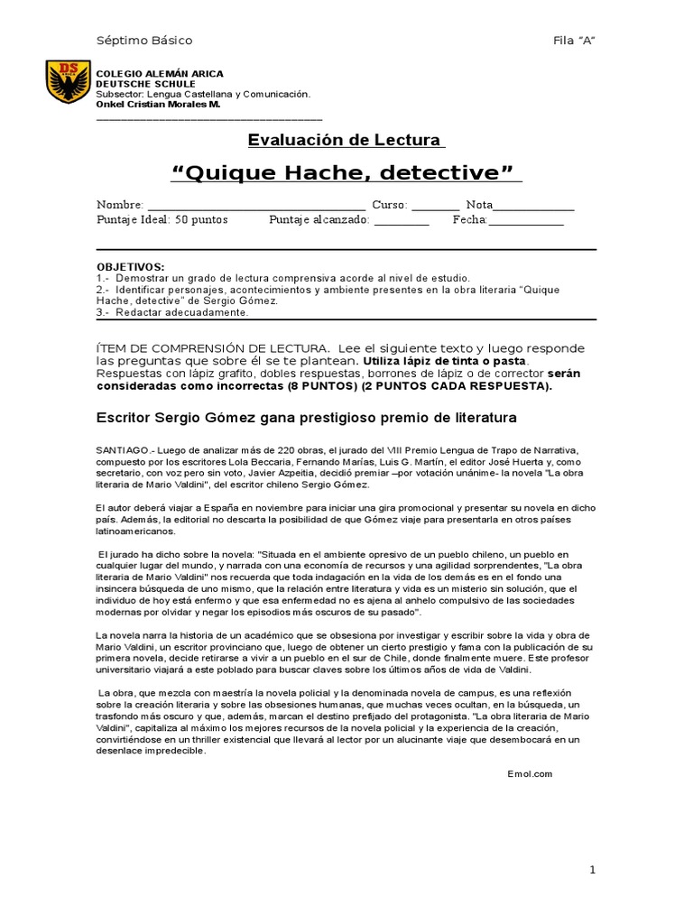 Evaluación de Lectura Quique Hache Detective | PDF | Novelas | Lectura ...