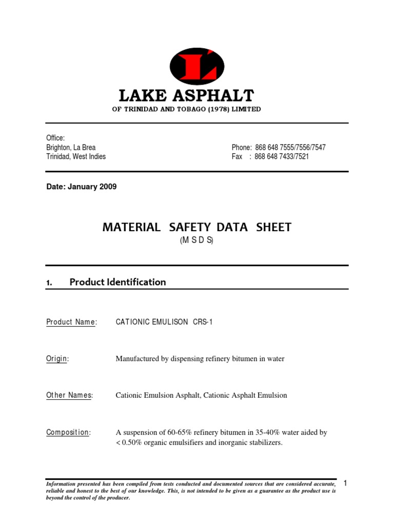 Msds Crs 1 | PDF | Asphalt | Personal Protective Equipment
