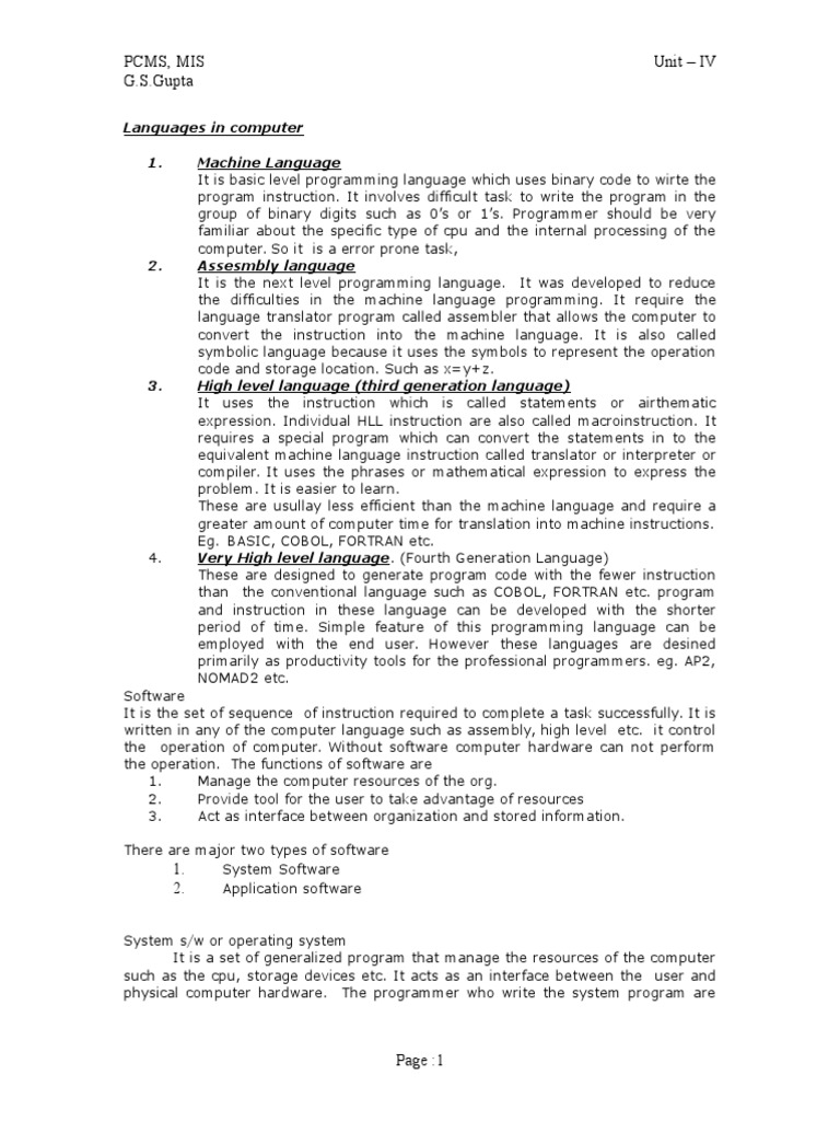 PCMS, Mis Unit - IV G.S.Gupta: Languages in Computer 1. Machine ...