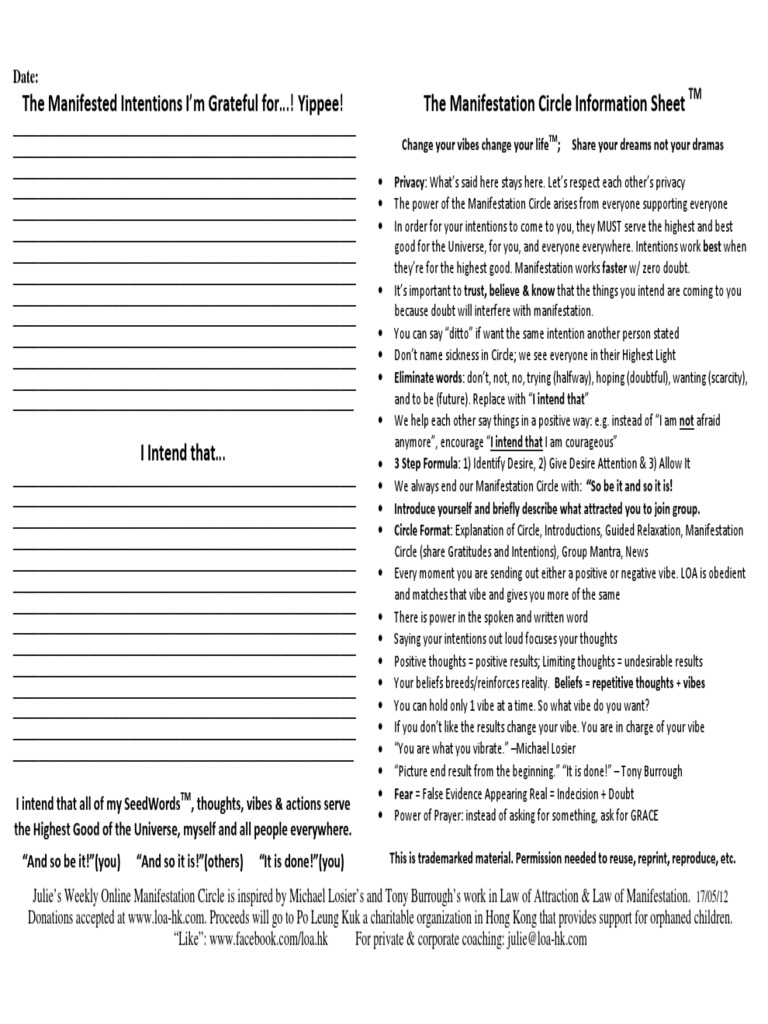 Manifestation Circle Handout V6 | PDF | Law Of Attraction (New Thought)