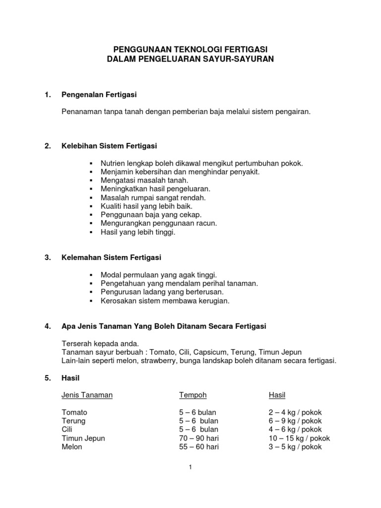 Penggunaan Teknologi Fertigasi Dalam Pengeluaran Sayur-Sayuran | PDF