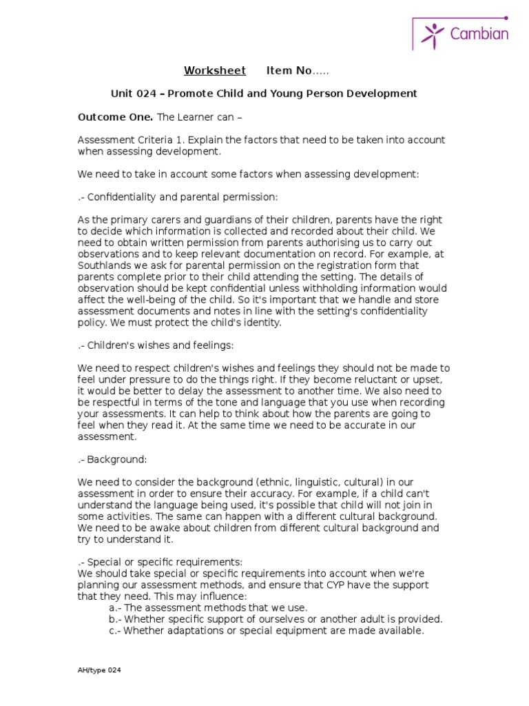 Unit 024 - Promote Child and Young Person Development | PDF ...