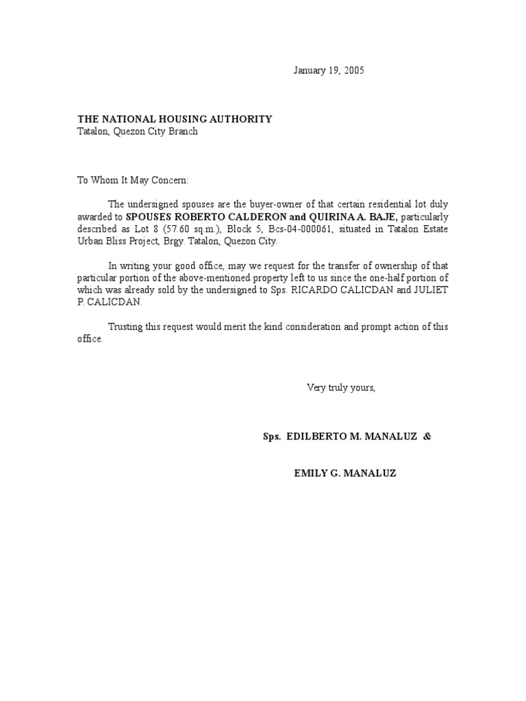 Request for NHA Title Transfer | PDF | Home & Garden