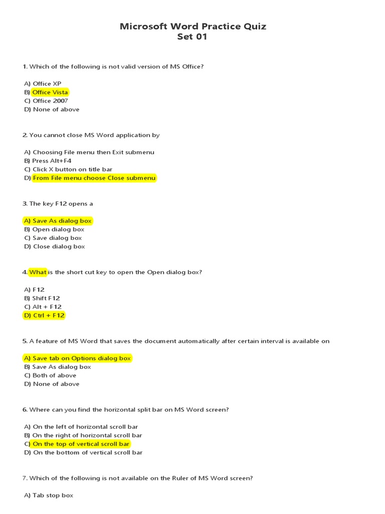 MS-Word-Objective Questions (MCQ) With Solutions and Explanations - Set ...