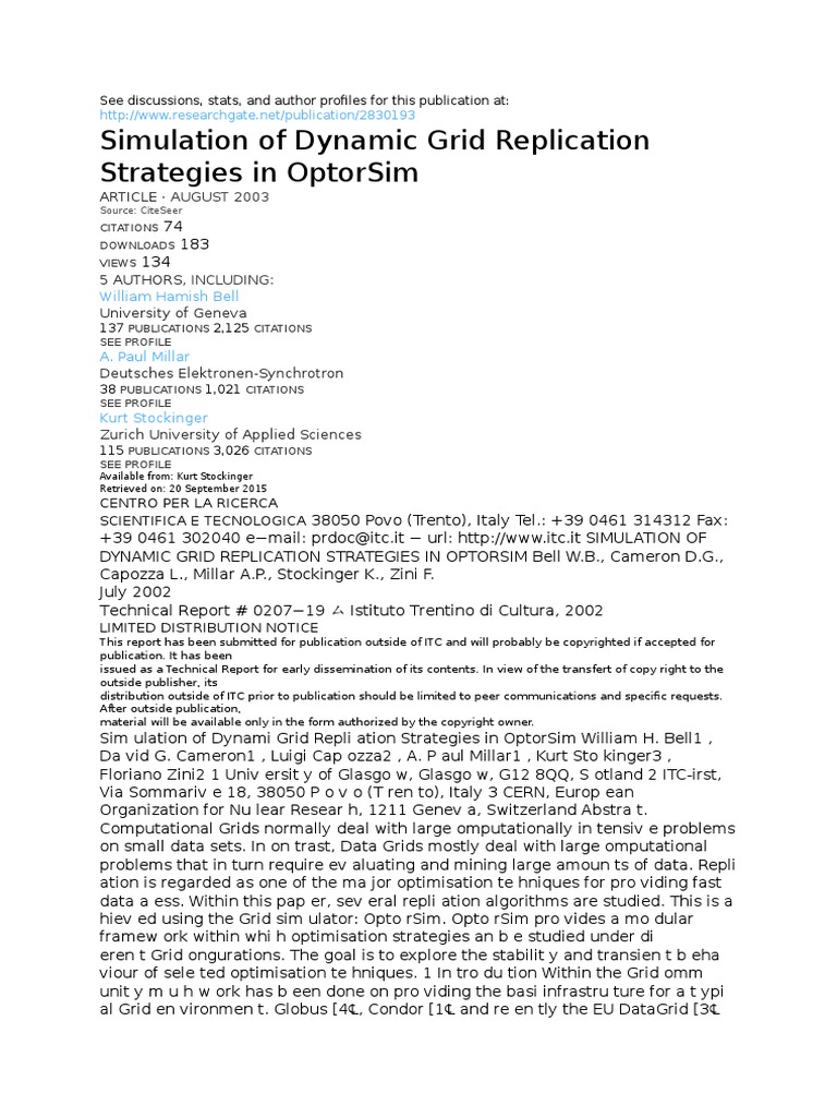 Simulation of Dynamic Grid Replication Strategies in Optorsim | PDF | Computer Engineering ...