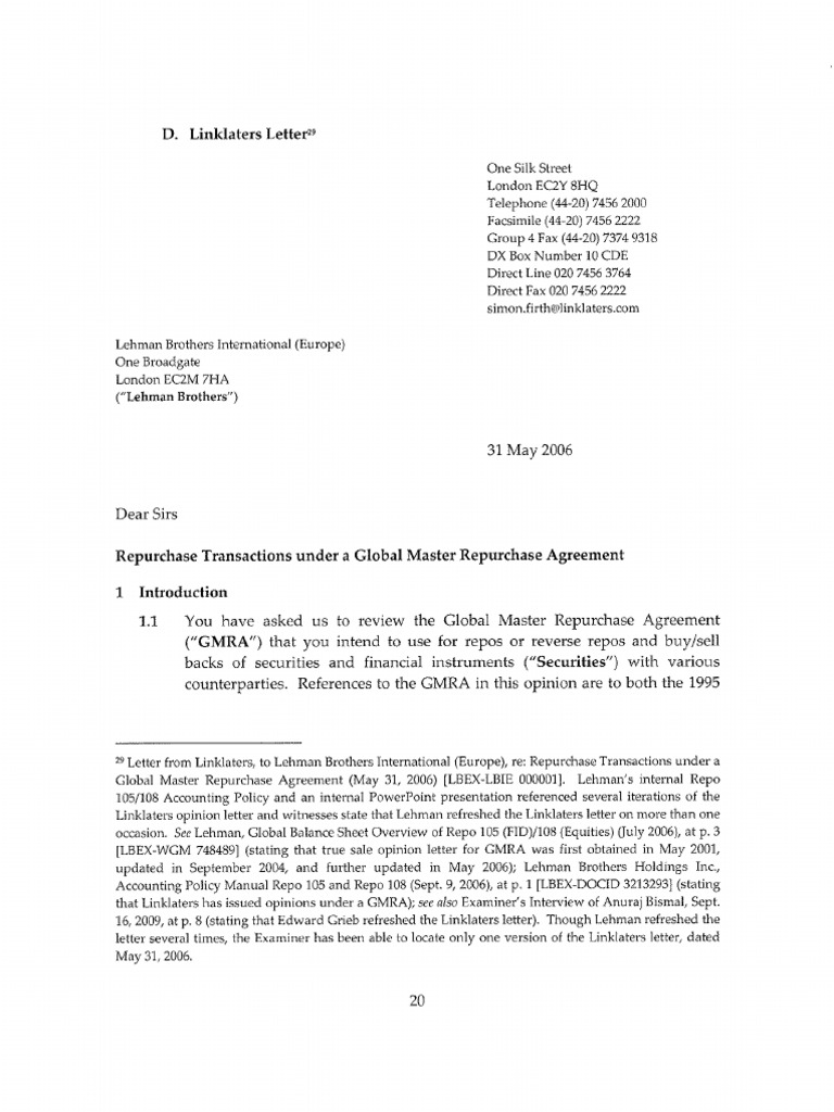 Linklaters Letter To Lehman Brothers Re Repo 105 | PDF