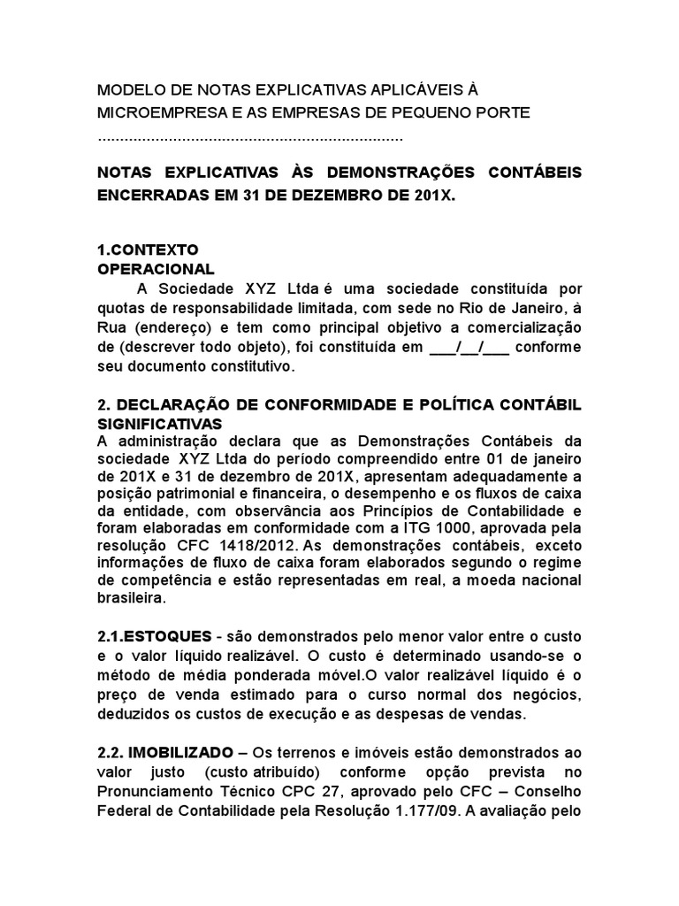 Modelo de Notas Explicativas Aplicáveis à Microempresa e as Empresas de ...
