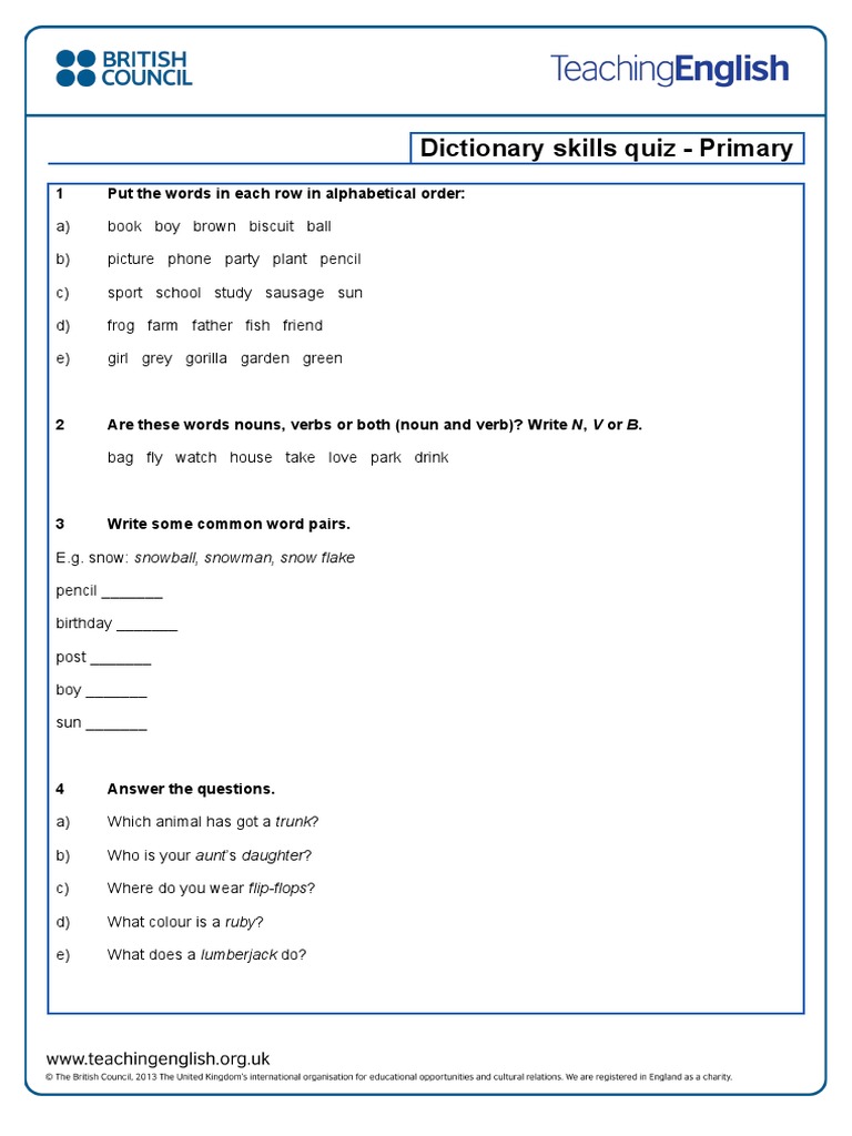 Dictionary Skills Quiz Primary 0 | PDF | Syntactic Relationships ...
