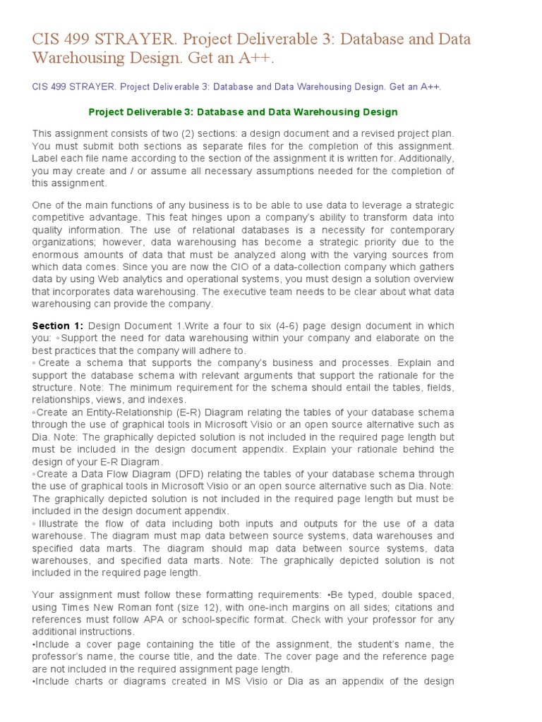 CIS 499 STRAYER. Project Deliverable 3 - Database and Data Warehousing Design | PDF | Data ...