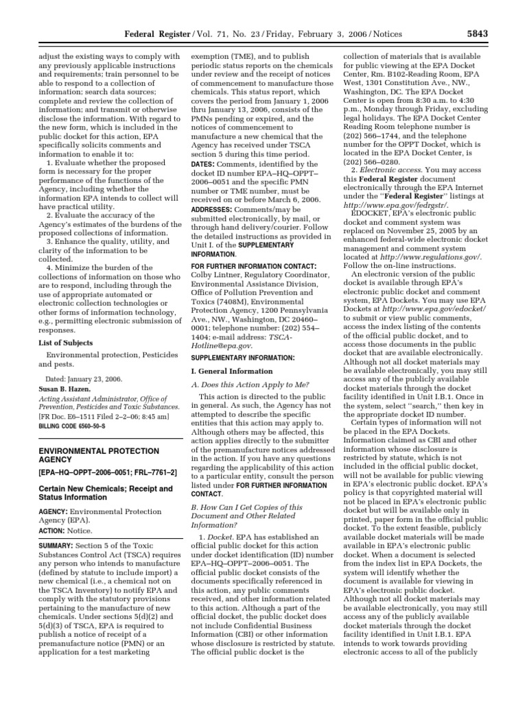 Notice: Environmental Statements Availability, Etc.: New Chemicals ...