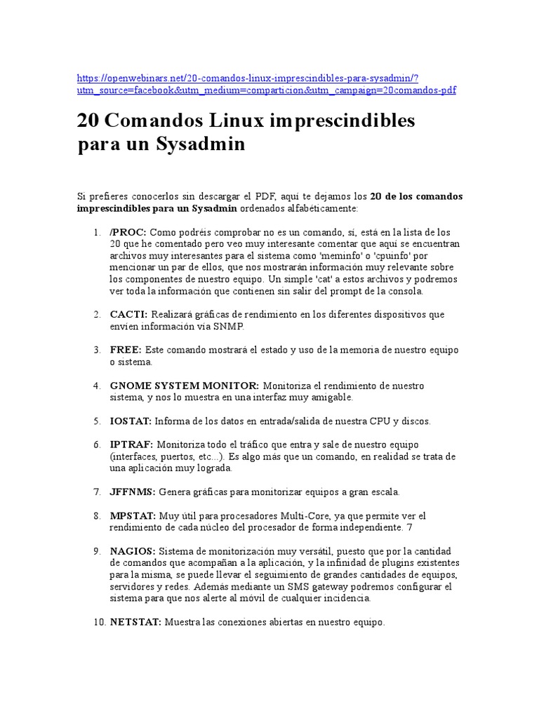 20 Comandos Linux Imprescindibles para Un Sysadmin | Descargar gratis PDF | Unidad Central de ...