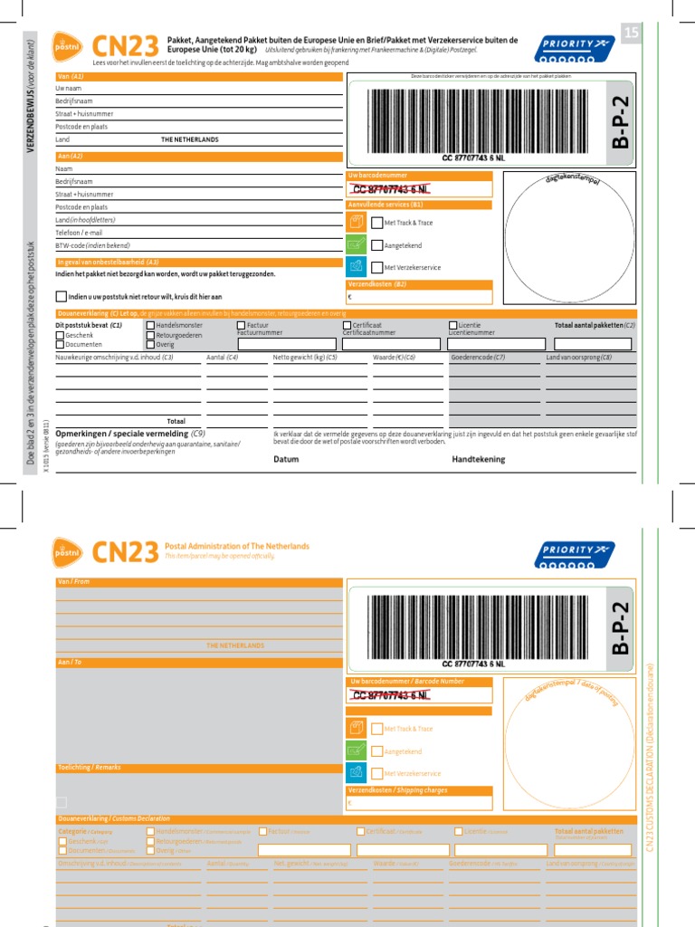 Douaneverklaring CN23 PostNL Tcm10 9659 | PDF