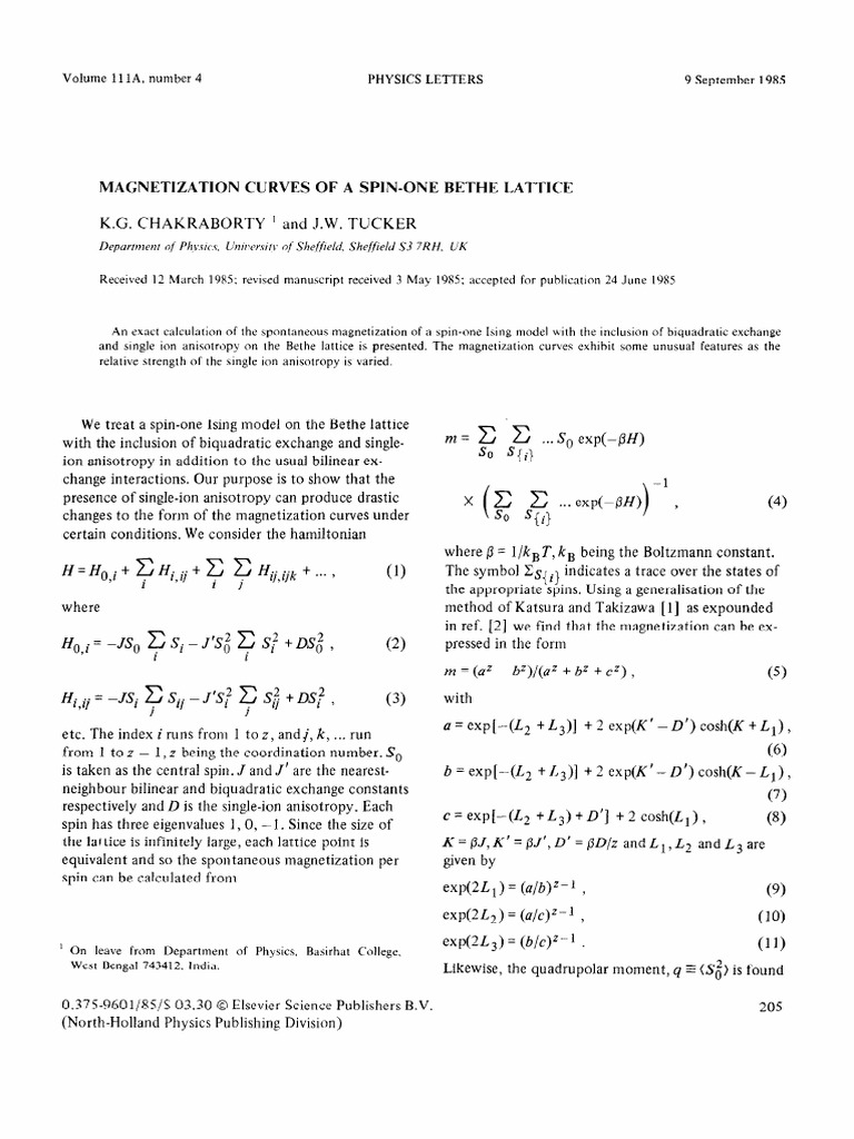 Magnetization Curves of A Spin-One Bethe Lattice: PH - V.rrc.c. L MR Wri, Shef/rrld, Sheffield ...
