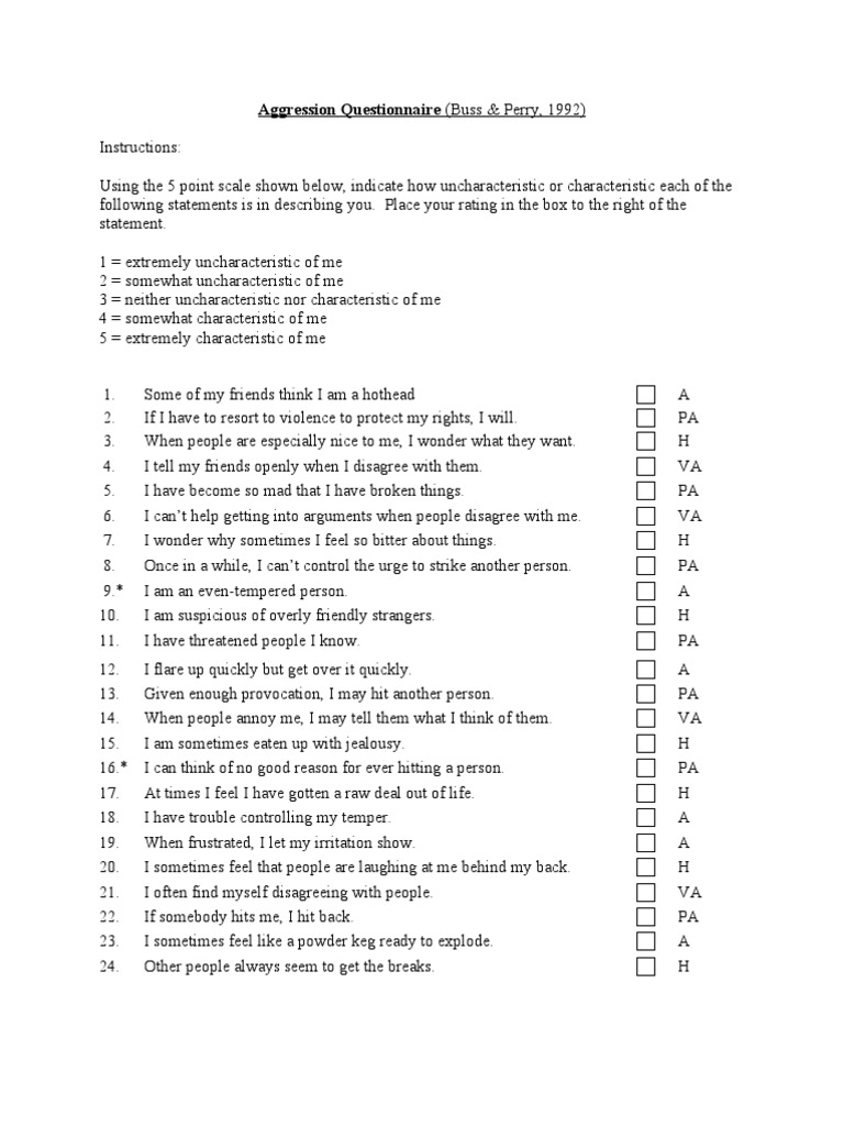 Aggression Questionnaire (Buss & Perry, 1992) Instructions | PDF | Business