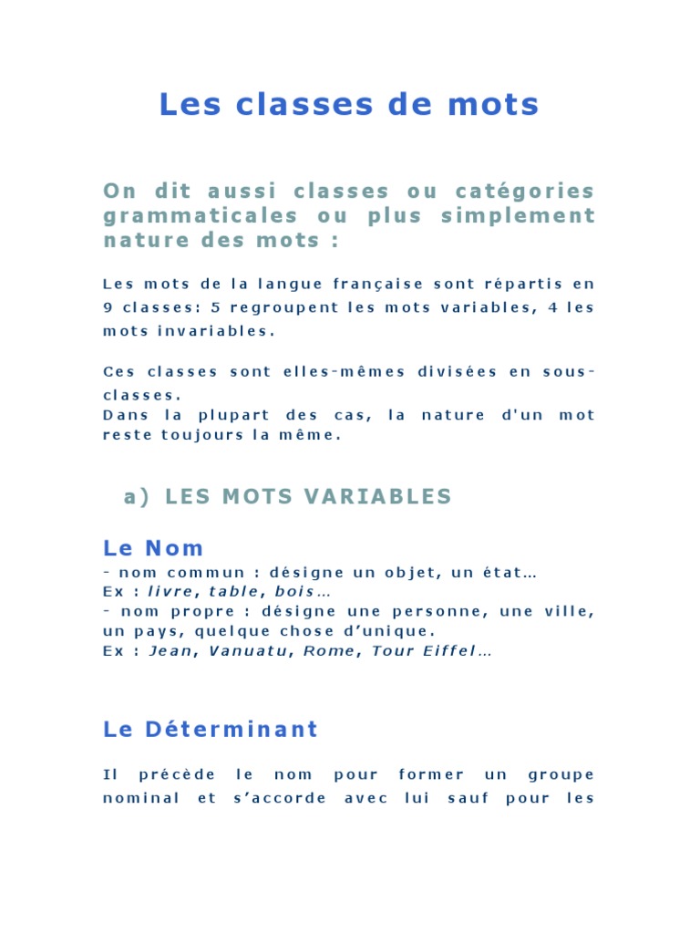 Les Classes de Mots en Français | PDF | Règles | Linguistique