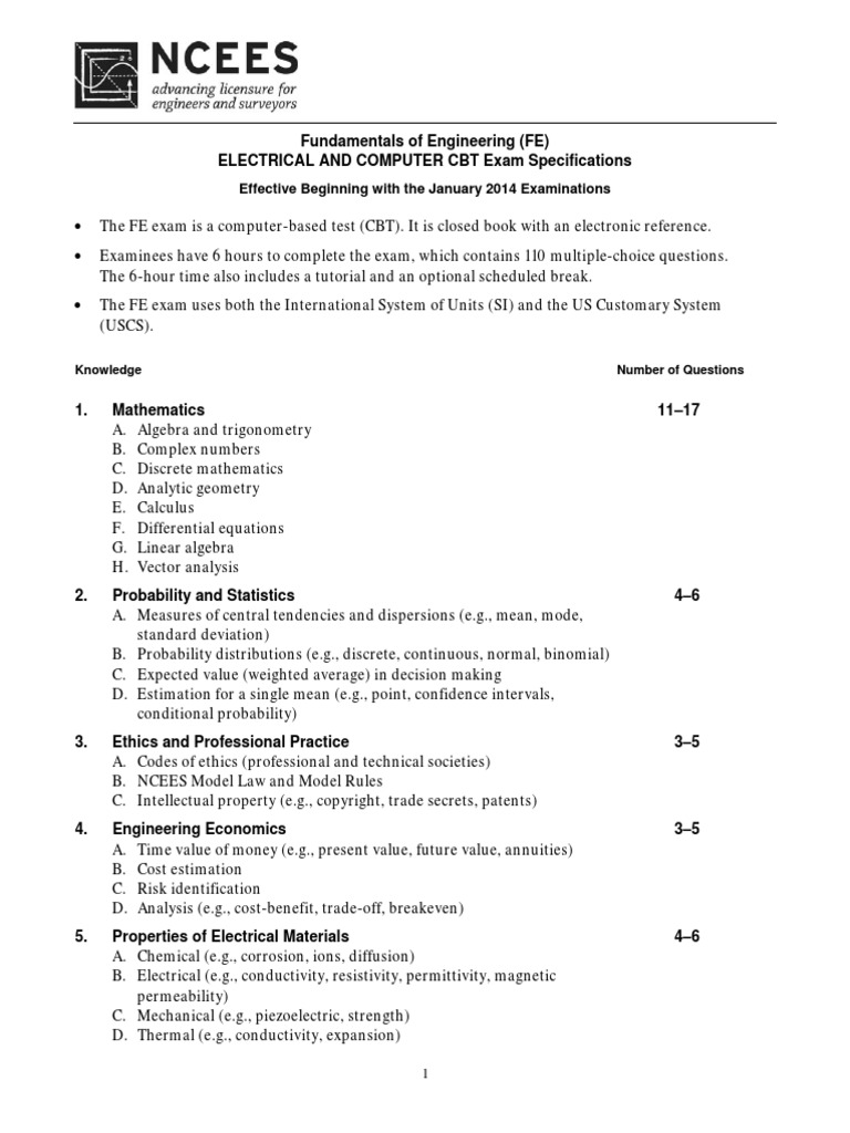 FE Electrical and Computer CBT Specification | PDF | Electricity | Electronic Engineering