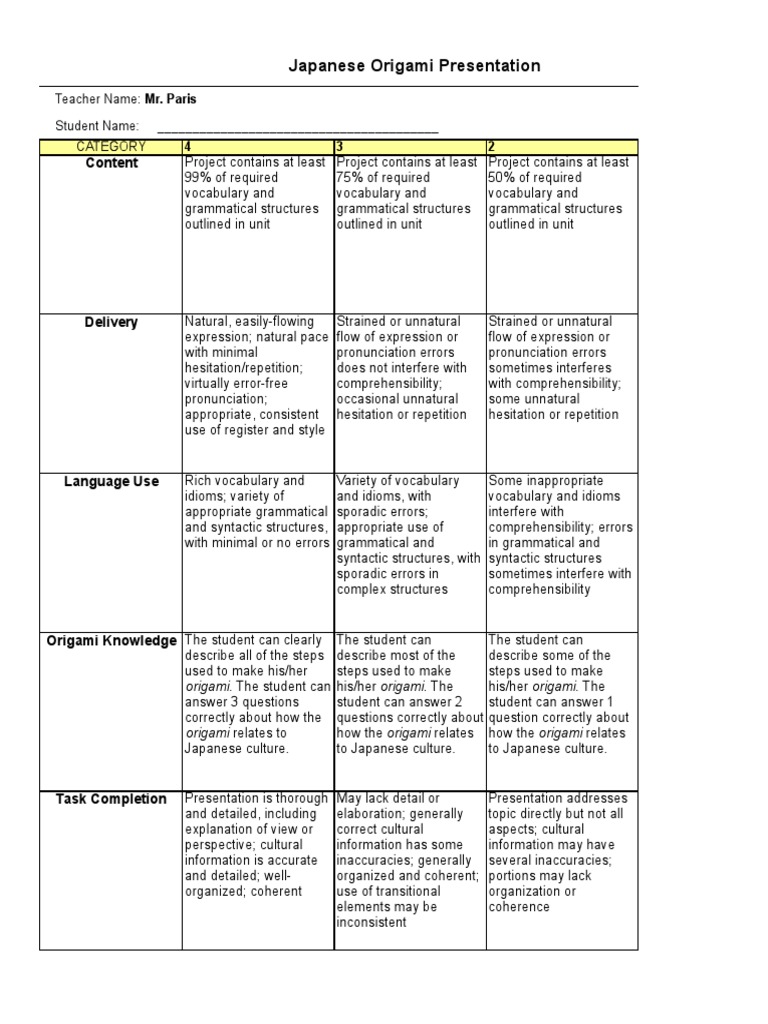 Origami Rubric | PDF | Idiom | Vocabulary