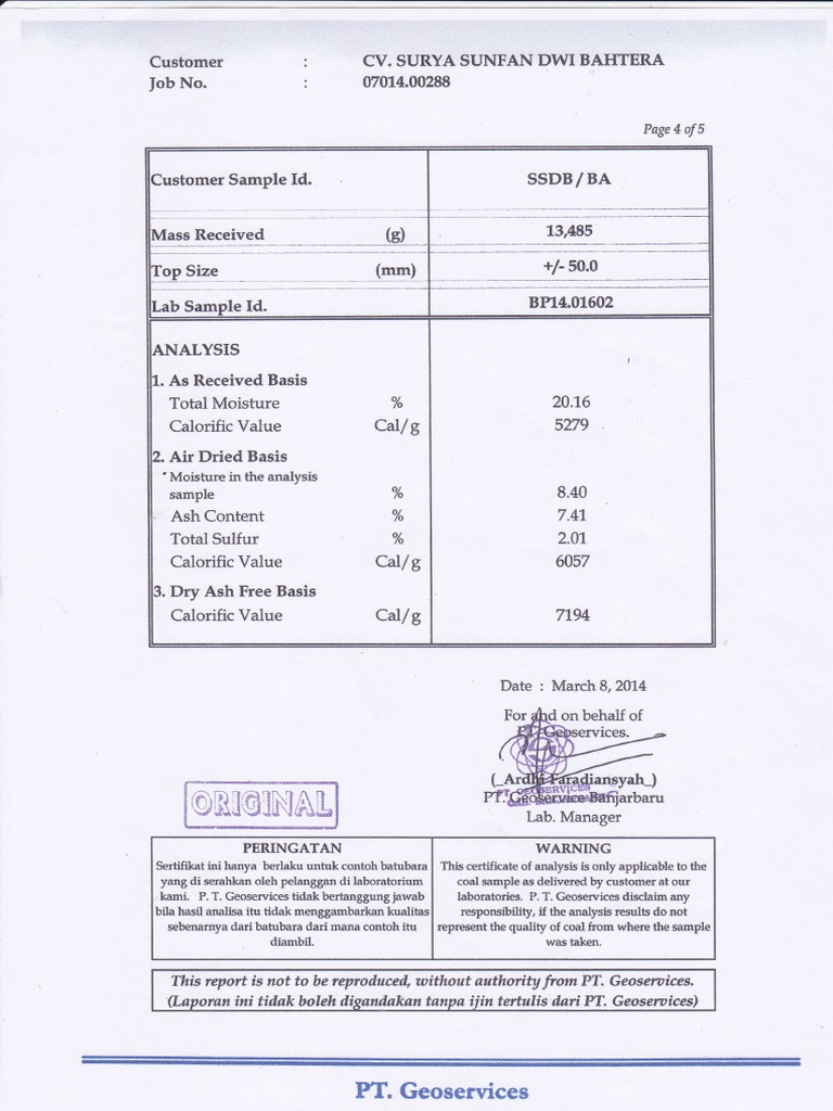 Coal Sample Analysis Report from PT. Geoservices Laboratory | PDF