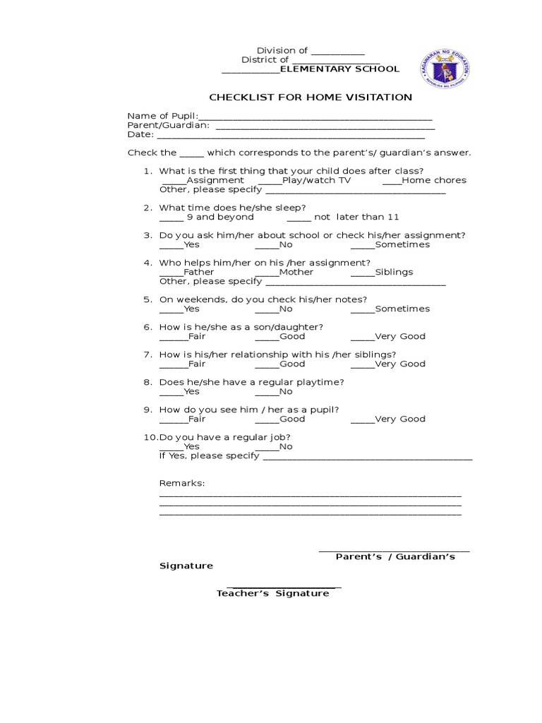 Home Visitation Checklist for Teachers | PDF | Career & Growth | Self ...
