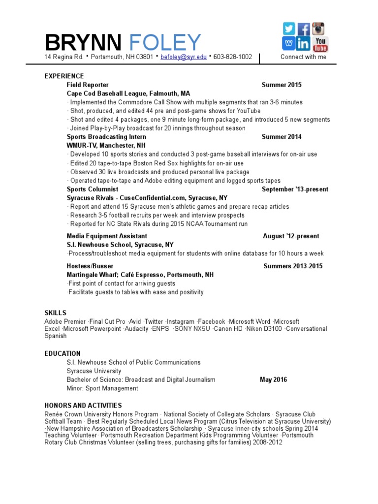 Brynn Foley: Sports Broadcasting Resume | PDF | Sports & Recreation