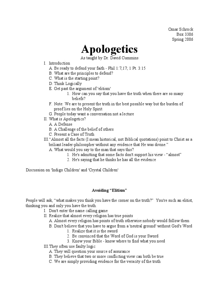 Biblical Apologetics Class Notes | Download Free PDF | Existence Of God ...