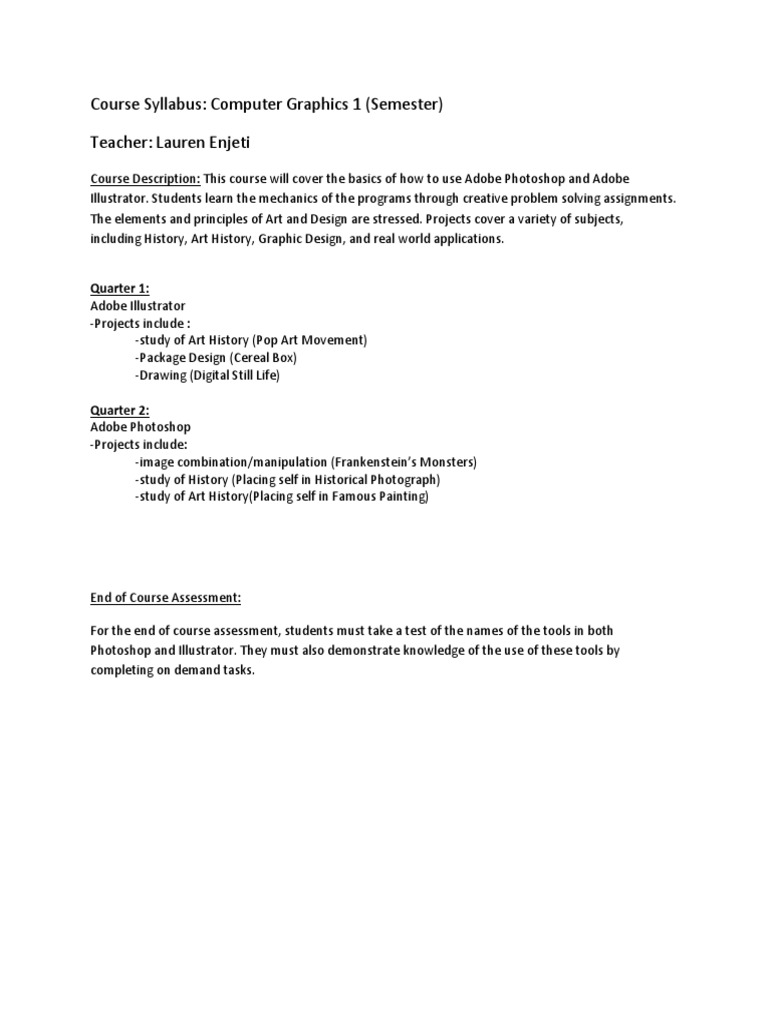 Course Syllabus - Computer Graphics 1 | PDF | Art | Technology ...