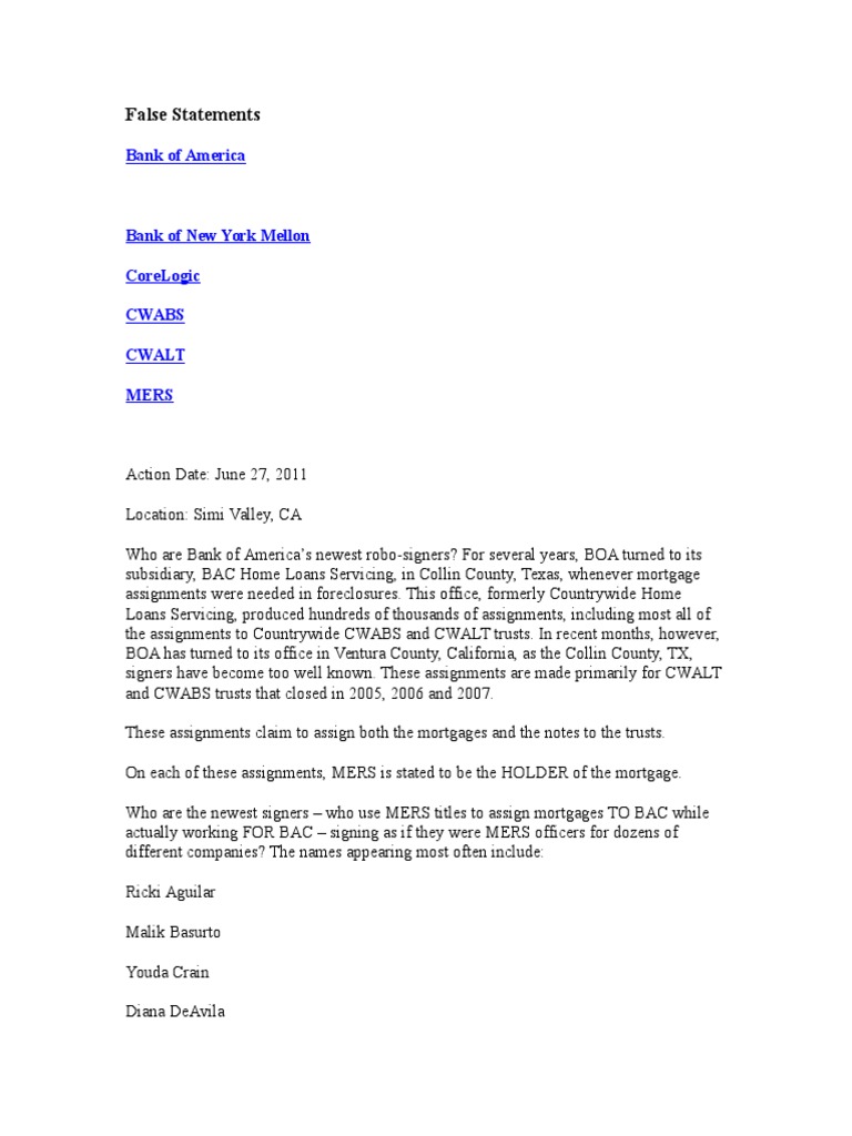False Statements: Bank of America | PDF