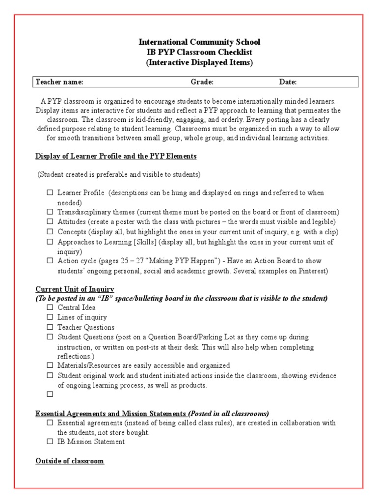 Ib Pyp Classroom Checklist | PDF | Classroom | Educational Assessment