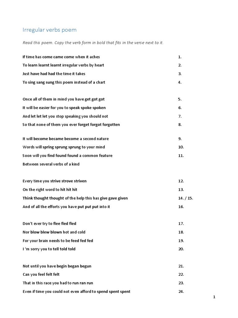 Irregular Verbs Poem PDF | PDF