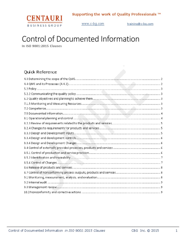 Control of Documented Information in ISO 9001:2015 Clauses (preview)