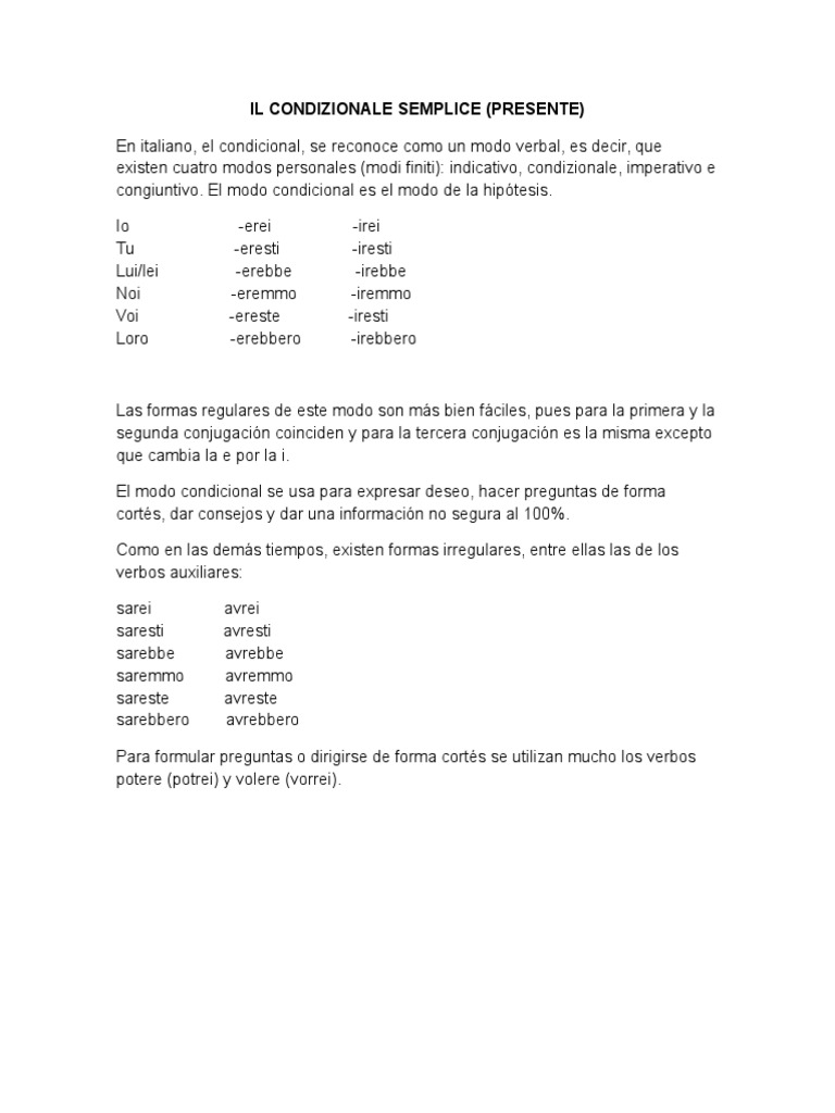El Condicional Simple en Italiano | PDF | Verbo | Conjugación gramatical