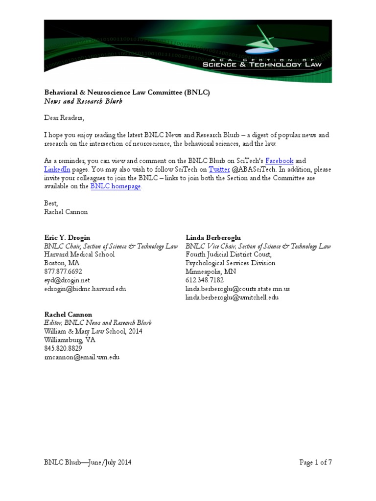Behavioral & Neuroscience Law Committee (BNLC) : News and Research ...