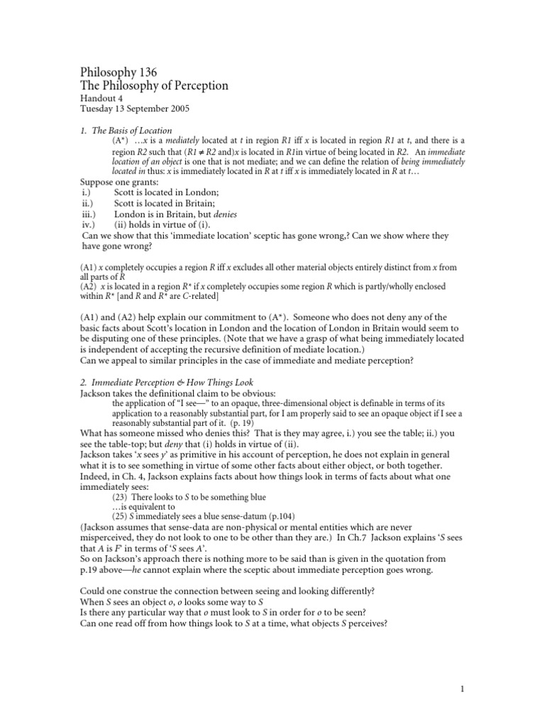 Philosophy 136 Handout 4 | PDF | Perception | Metaphysics
