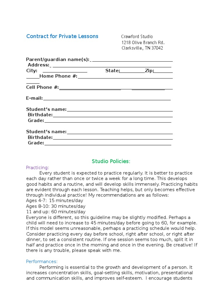 Contract For Private Lessons | PDF | Fee | Cheque