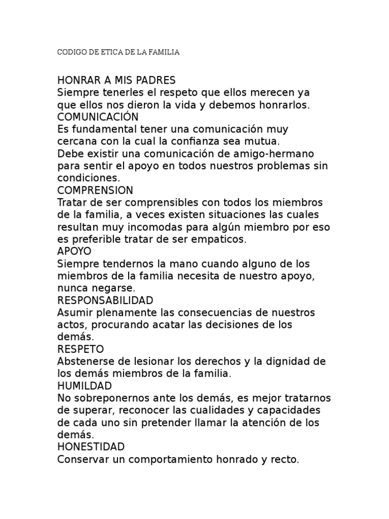 Código ética familiar honrar padres comunicación comprensión apoyo | PDF