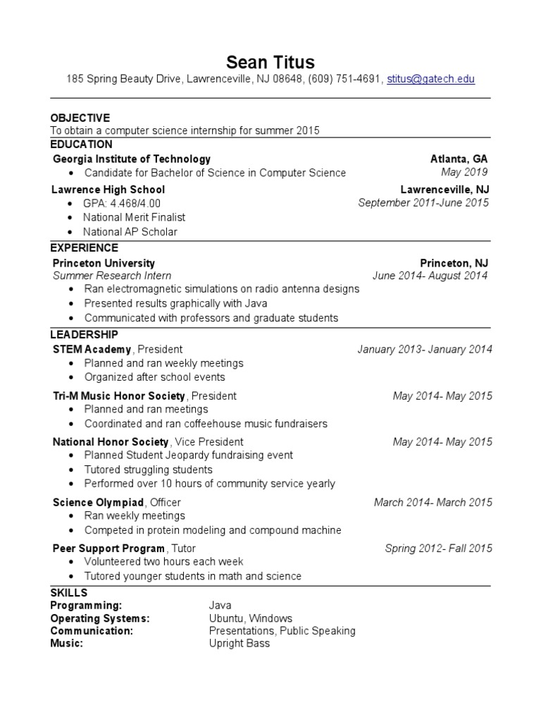Sean Titus: Computer Science Internship Resume | PDF