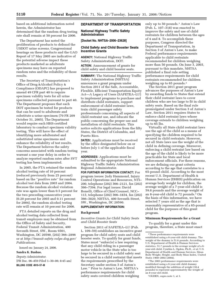 Notice: Grants and Cooperative Agreements Availability, Etc.: Child Safety and Child Booster ...