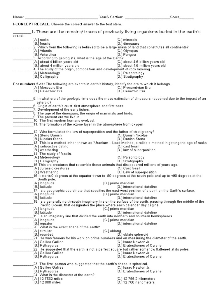 Earth Science Quiz 1 | Download Free PDF | Longitude | Fossil