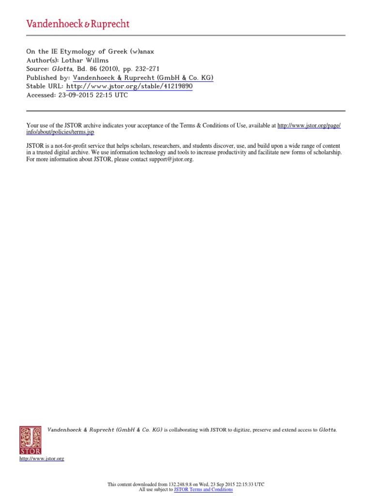 Willms, Lothar. On The IE Etymology of Greek Wanax. | PDF | Linguistics ...
