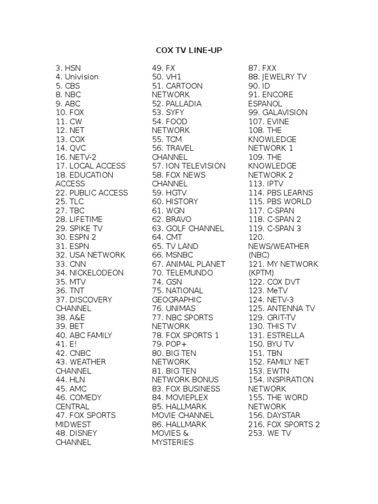 Cox Basic Cable Channel Lineup | PDF | Sports & Recreation